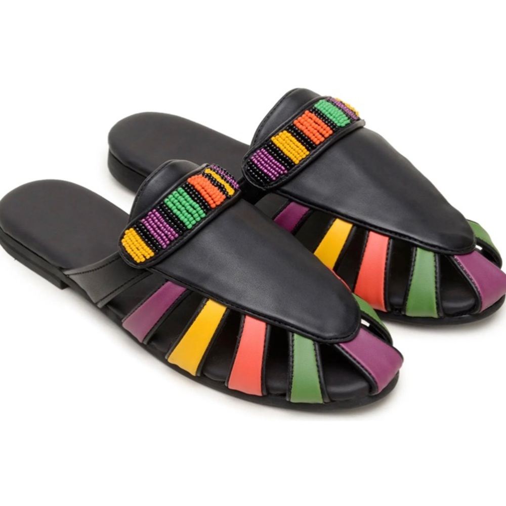 Farm Rio Black Rainbow Beaded Mules - Gem